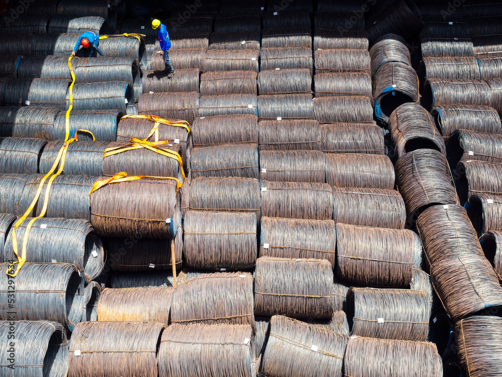 Top view of wire rods in coils stowage into cargo hold of the vessel ...