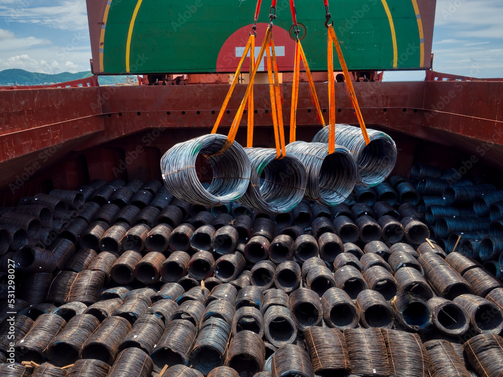 Top view of wire rods in coils stowage into cargo hold of the vessel ...