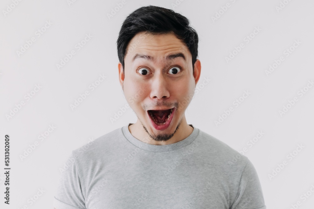 Funny shocked surprised closeup asian face man isolated on white ...