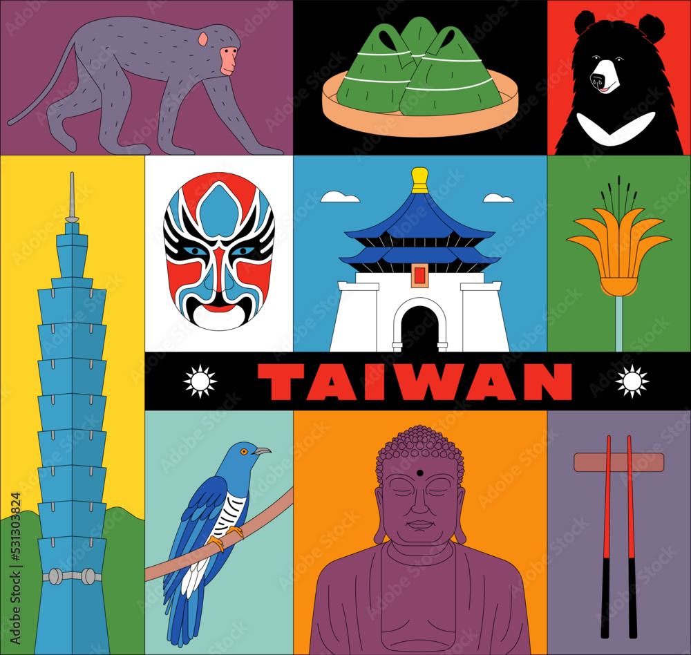 Vector illustration icon set of Taiwan. Zongzi, bear, ghost mask ...