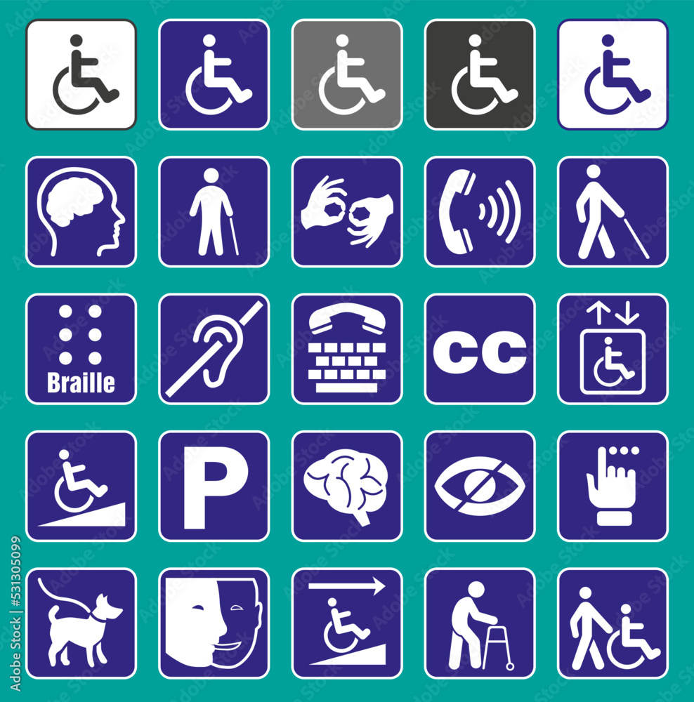 Signs for people with disabilities in blue color. Vector graphics ...