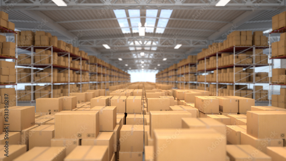 Warehouse hall with boxes and orders. Industrial interior of the hall ...