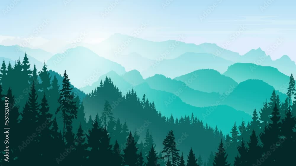 Animated mountain landscape. Mountains and coniferous forest. Vector ...