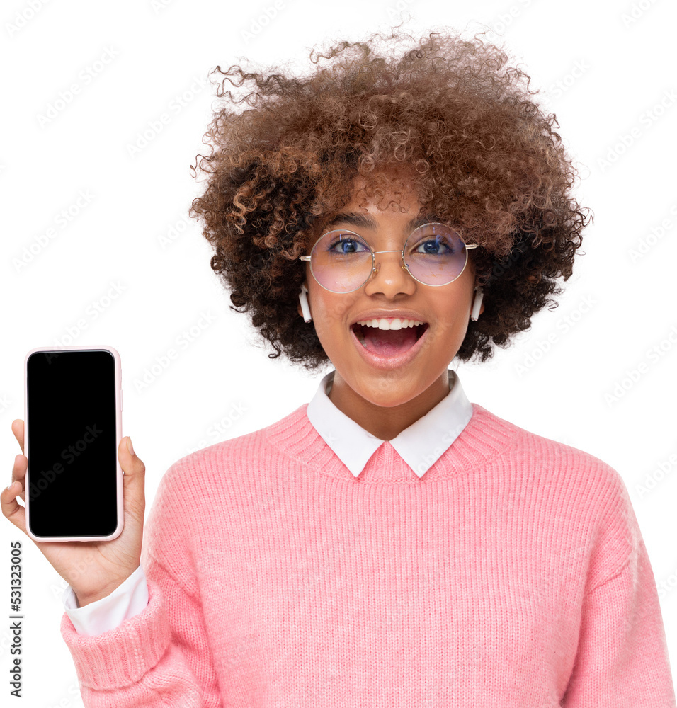 Surprised african girl excited by ads she is showing on blank phone ...