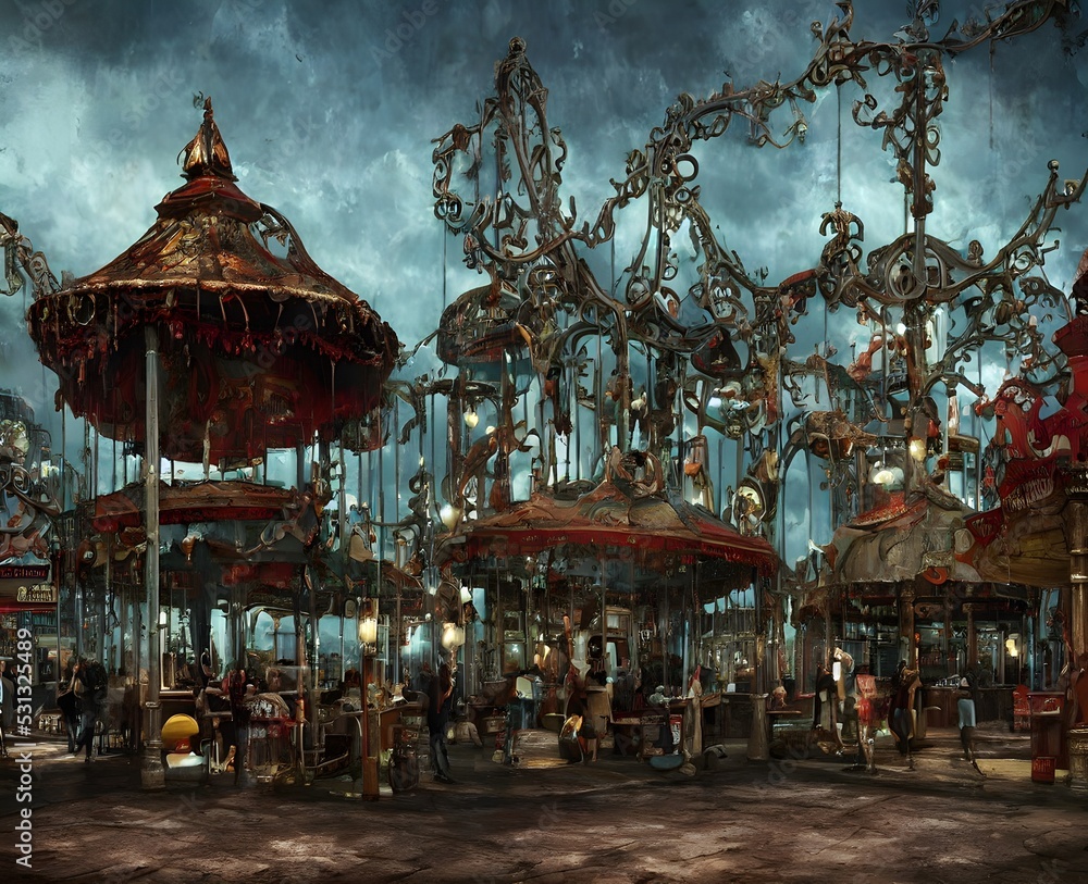 amusement park, monster and horror theme. Horror-themed food booths ...