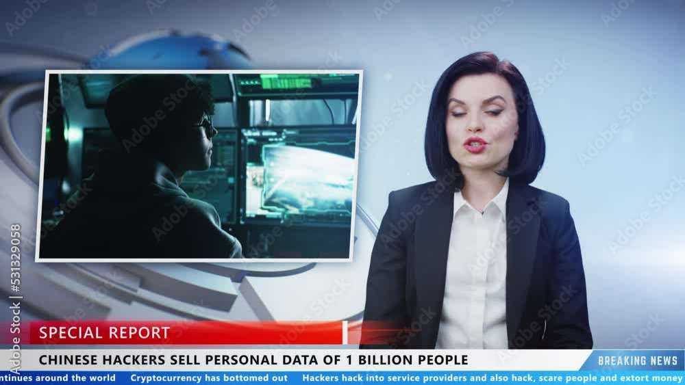 Female TV presenter reporting breaking news on television channel about criminal group of ...
