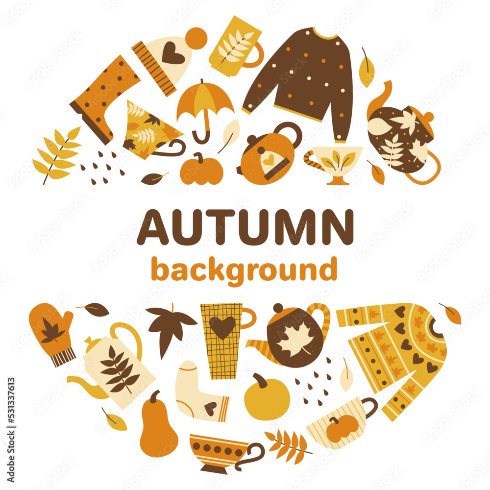 Fall elements in a circle collection. Cozy fall concept clipart. Orange ...