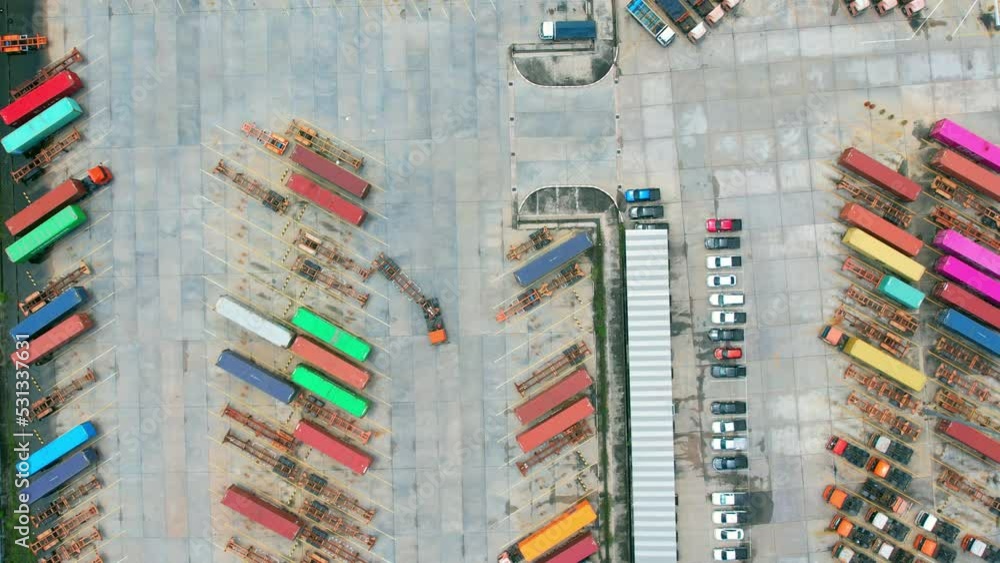 4K : Many of Semi-trailer trucks stand at the distribution center ...