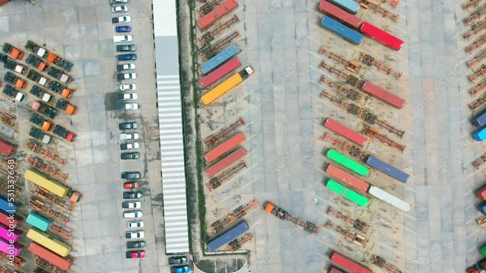 4K : Many of Semi-trailer trucks stand at the distribution center ...
