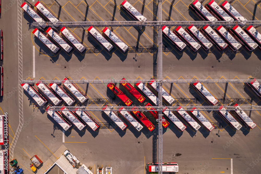 Parking, bus bay or bus stop of new TTC BUSES by the Toronto Transit ...
