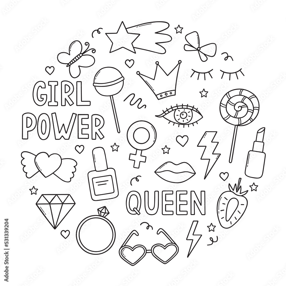 Hand drawn set of Girl power doodle. Feminist elements and girls party ...
