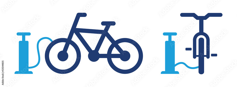 Pumping tire of bicycle icon. Bike side and front with pump symbol ...