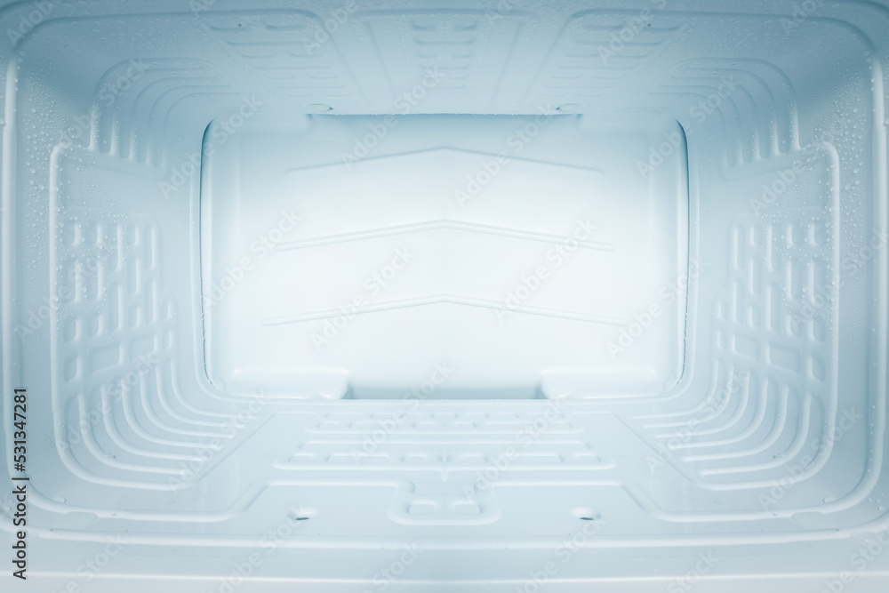 Refrigerator open empty fridge inside interior. close up on empty ...