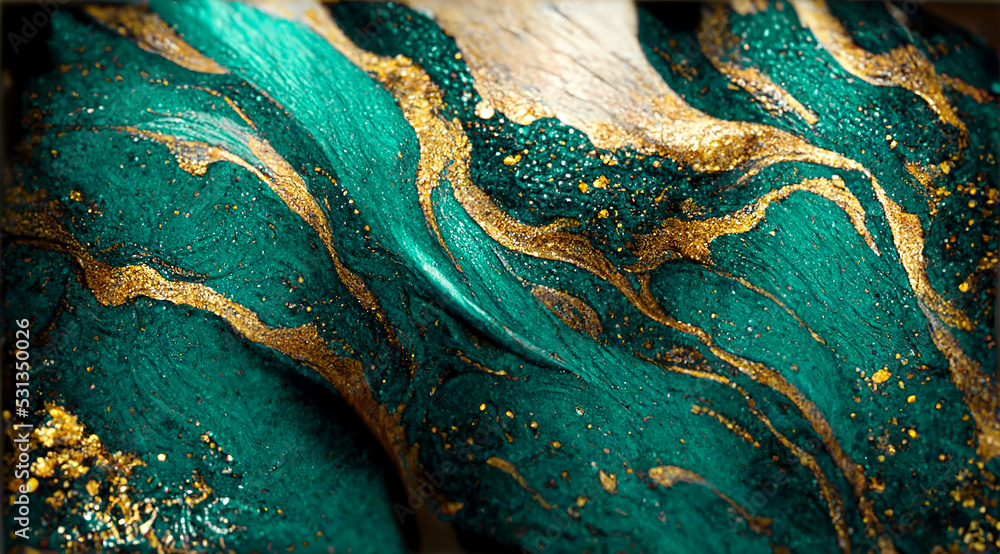 Spectacular realistic abstract backdrop of a whirlpool of teal and gold ...