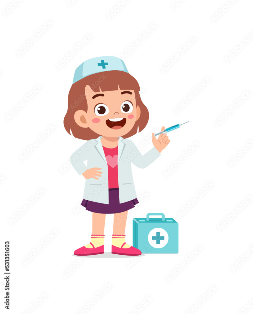 little kid wearing doctor costume and play Stock Vector | Adobe Stock