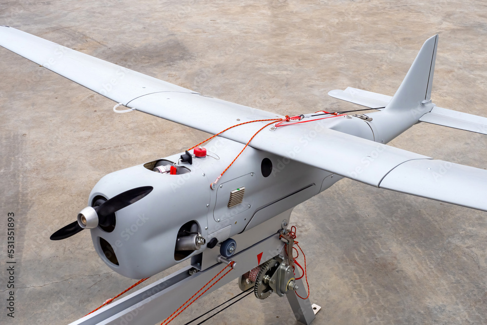 Unmanned aerial vehicle. Drone on platform to launch. Catapult to ...