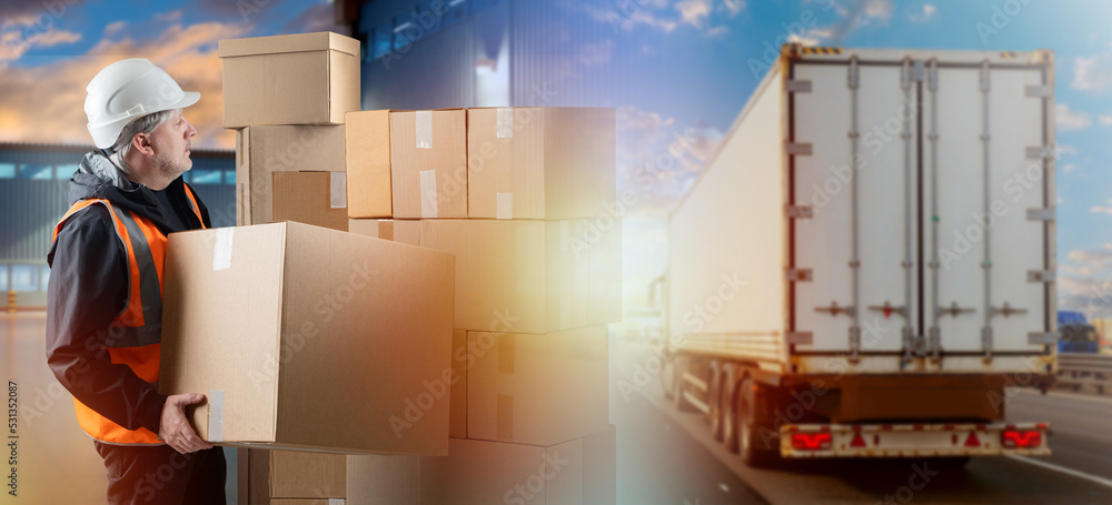 Logistics business. Man works in logistics industry. Man with boxes and ...