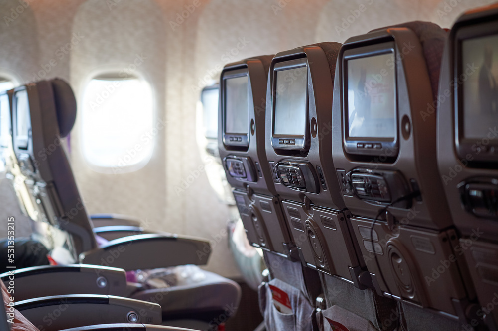 HONG KONG - NOVEMBER 16, 2016: inside of Boeing 777. The Boeing 777 is ...