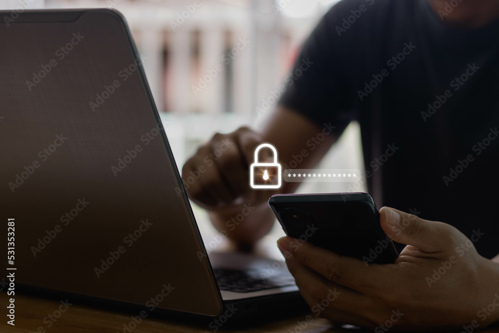 Asian businessman using the smart mobile phone to access on phone with ...