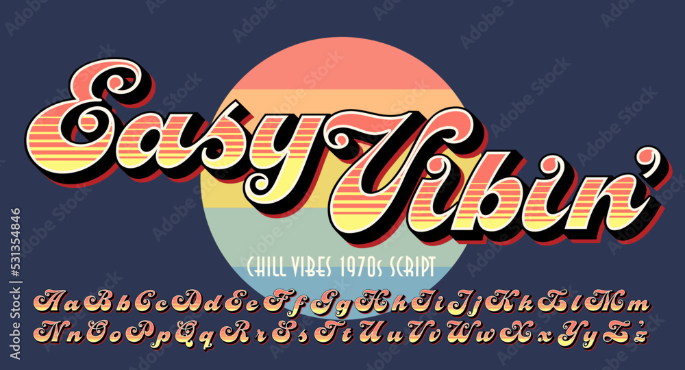 Easy Vibin' script alphabet: A retro 1970s style font with striped and ...