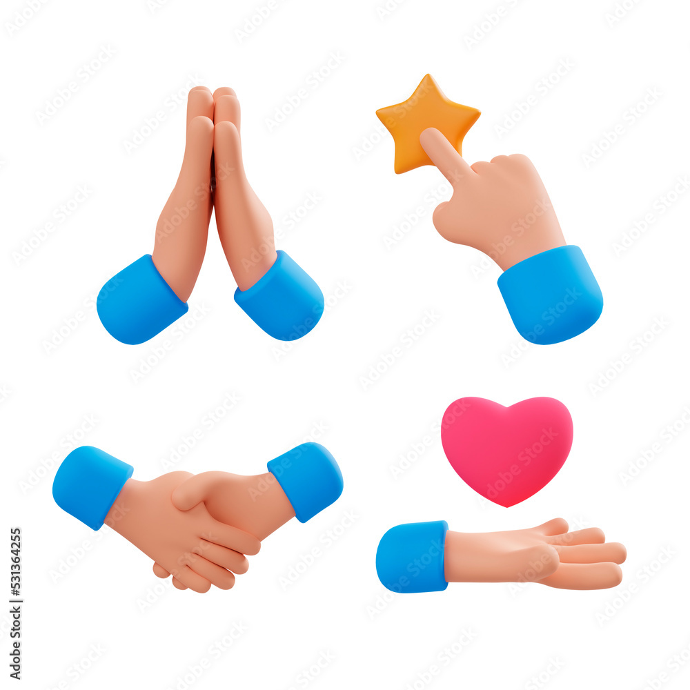 Set of cartoon 3d hands. 3d cartoon hand gestures isolated on white ...