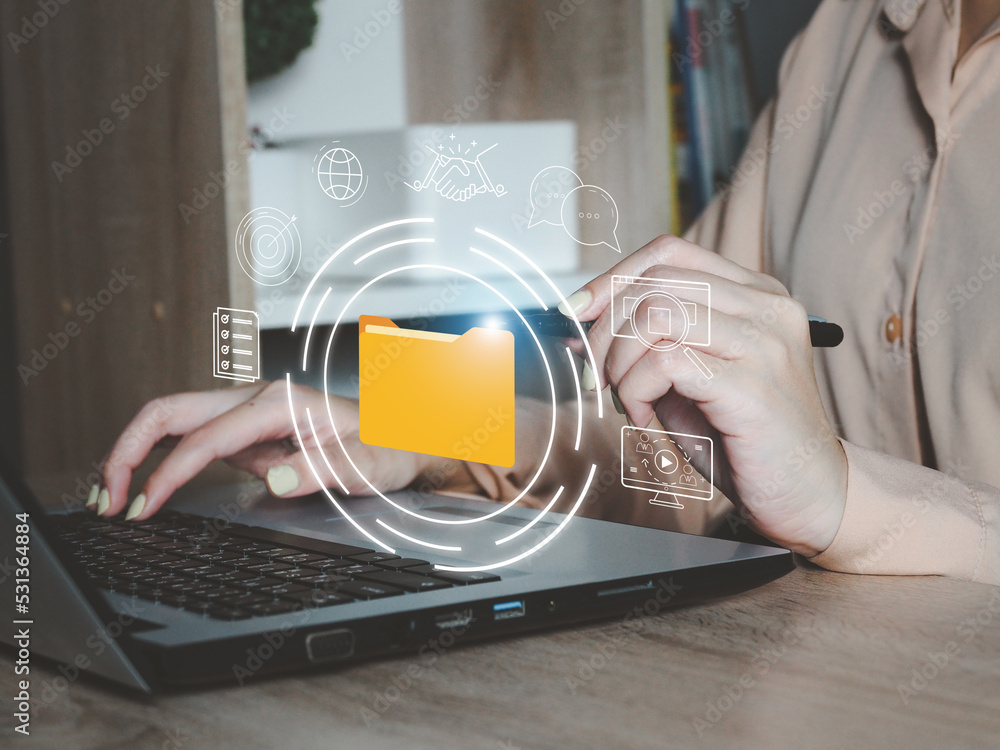 Business people using computers to manage documents online document ...