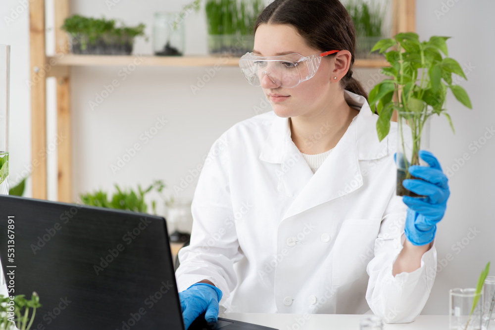 Female Microbiologist in glasses with a healthy green plant in a sample ...