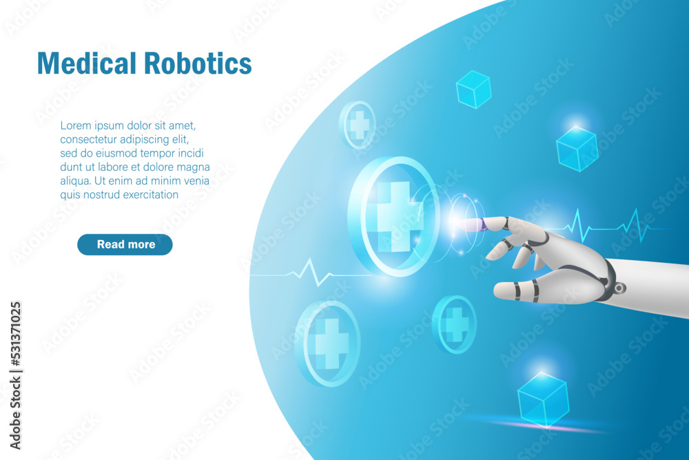 Medical robotics technology. Robot hand touching medical network ...