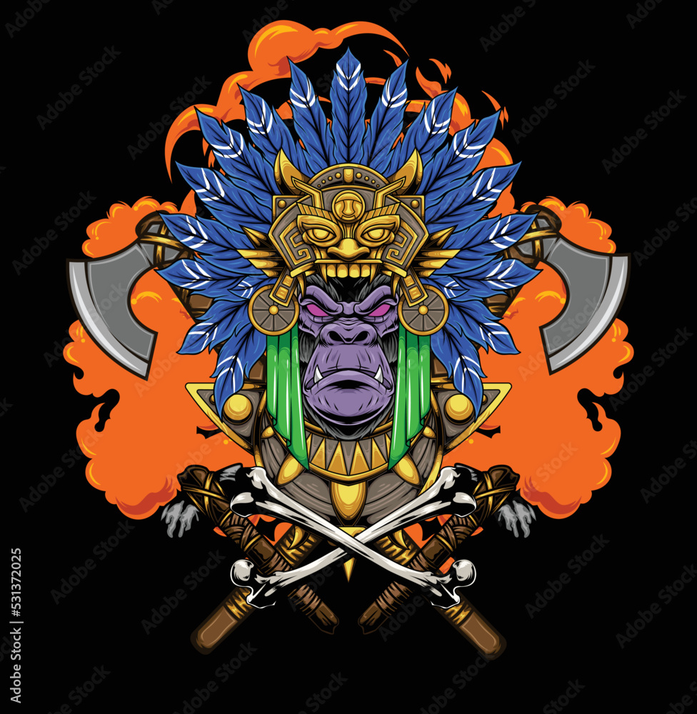 Vector illustration of gorilla wearing aztec helmet with vintage style ...