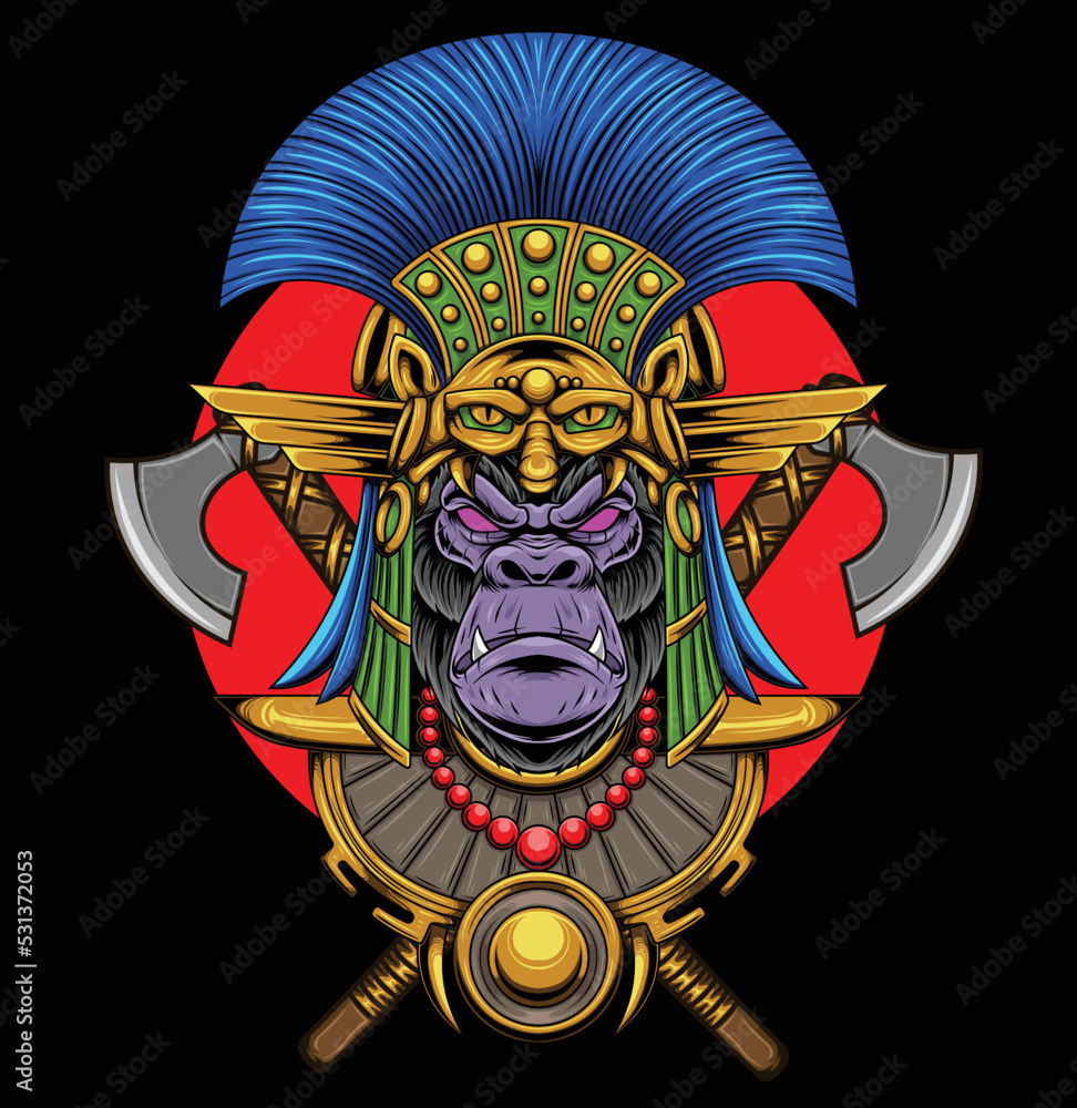 Vector illustration of gorilla wearing aztec helmet with vintage style ...