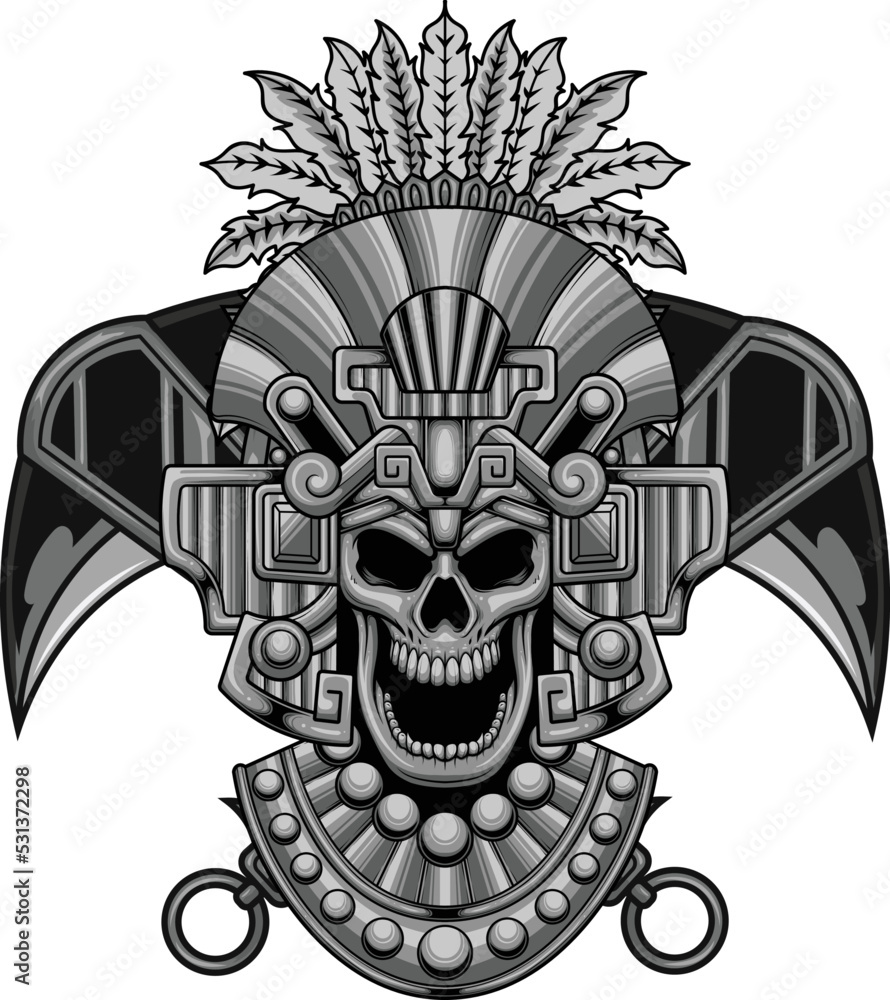 Vector illustraion of aztec skull warrior with vintage style drawing ...