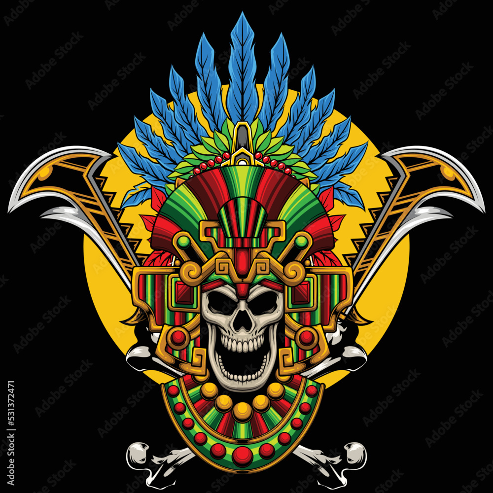 Vector illustraion of aztec skull warrior with vintage style drawing ...