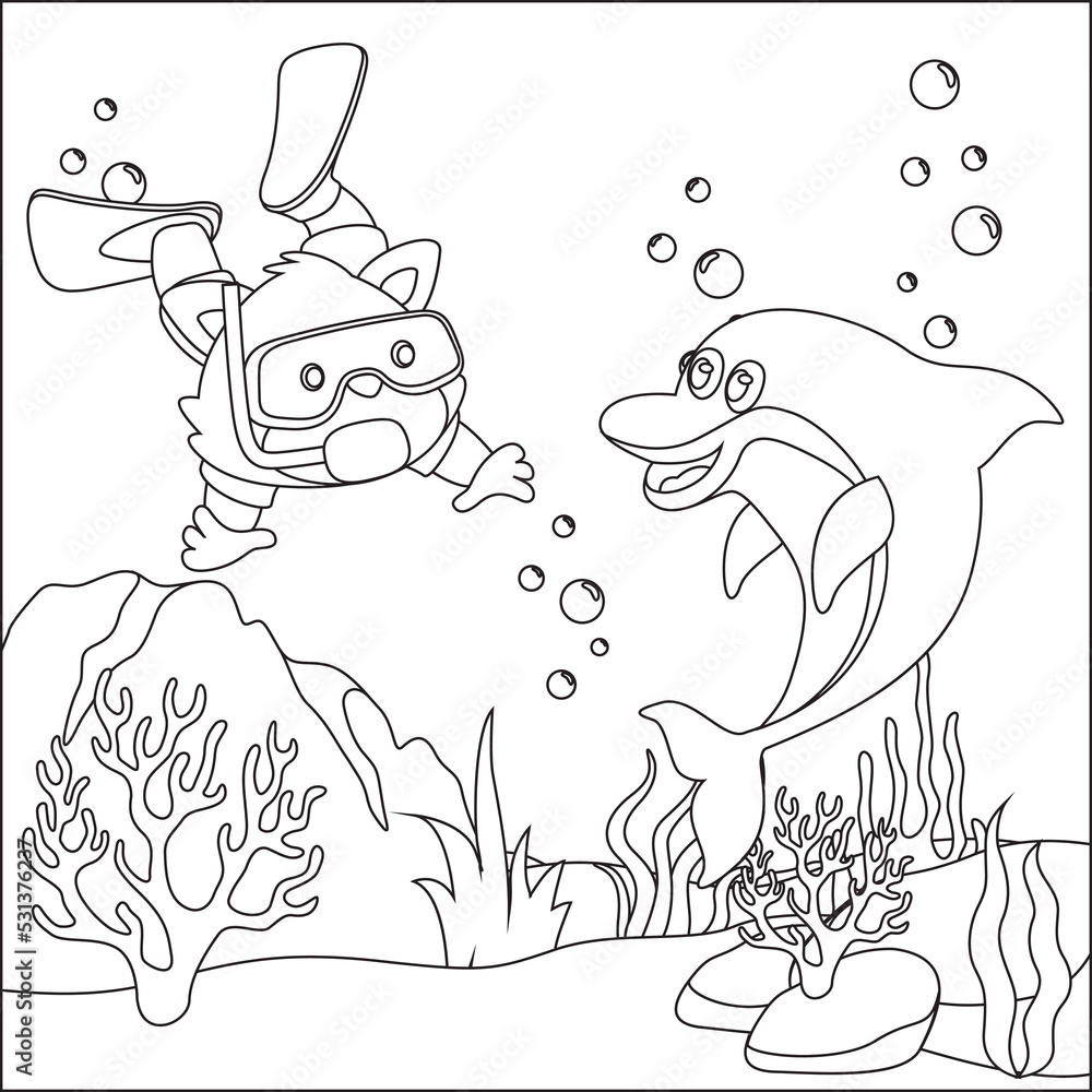 Vector Cartoon Illustration Of Little Bear And Dolphine Diving In Undersea With Cartoon Style