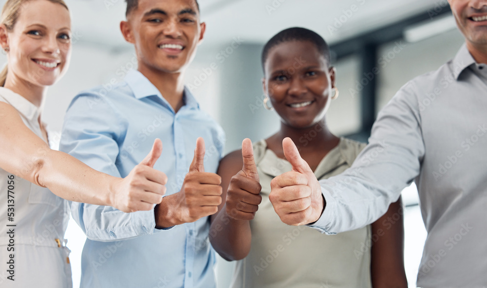 Thumbs up, business people or global success in teamwork, collaboration and employee support ...