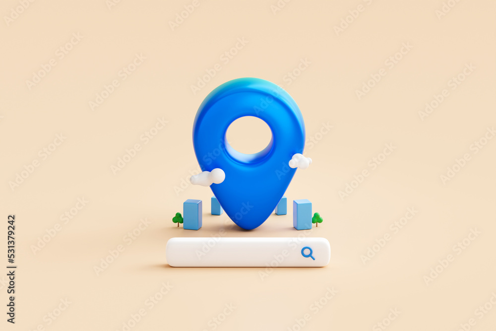 Search location pin on blue navigation 3d map background with gps ...