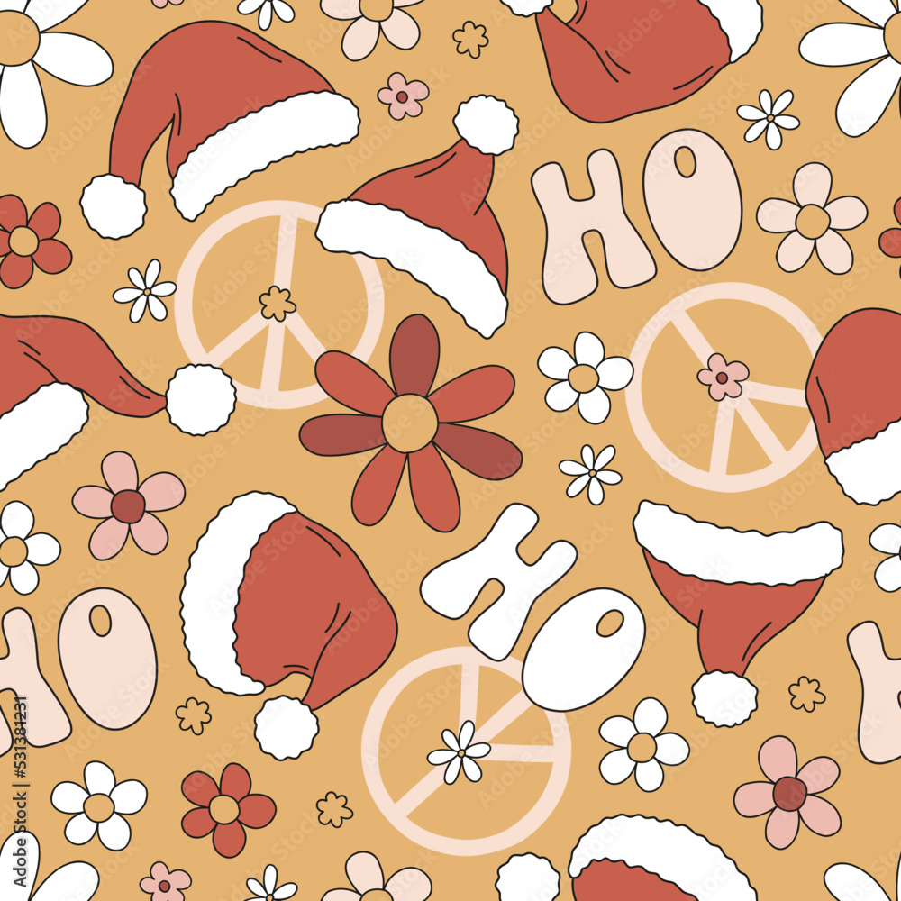 Santa Claus hat hippie groovy Christmas peace sign floral vector ...
