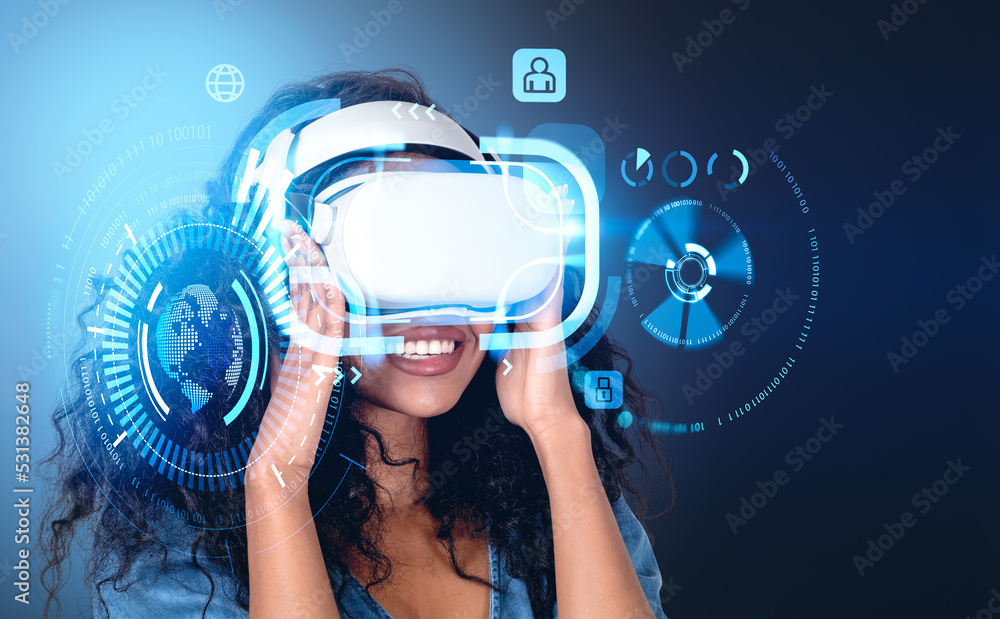 Black businesswoman portrait in vr glasses headset, digital hologram ...