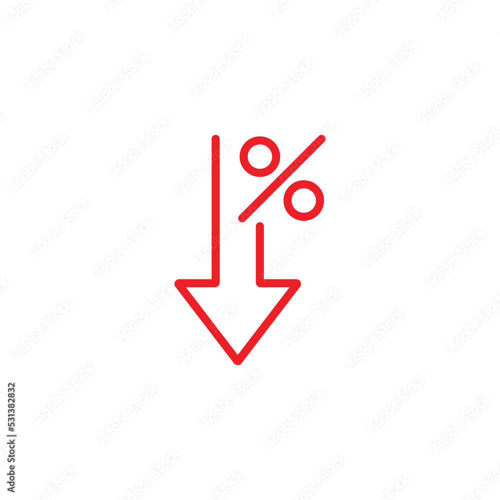 eps10 red vector Percentage down arrow icon isolated on white background. reduction or decrease ...
