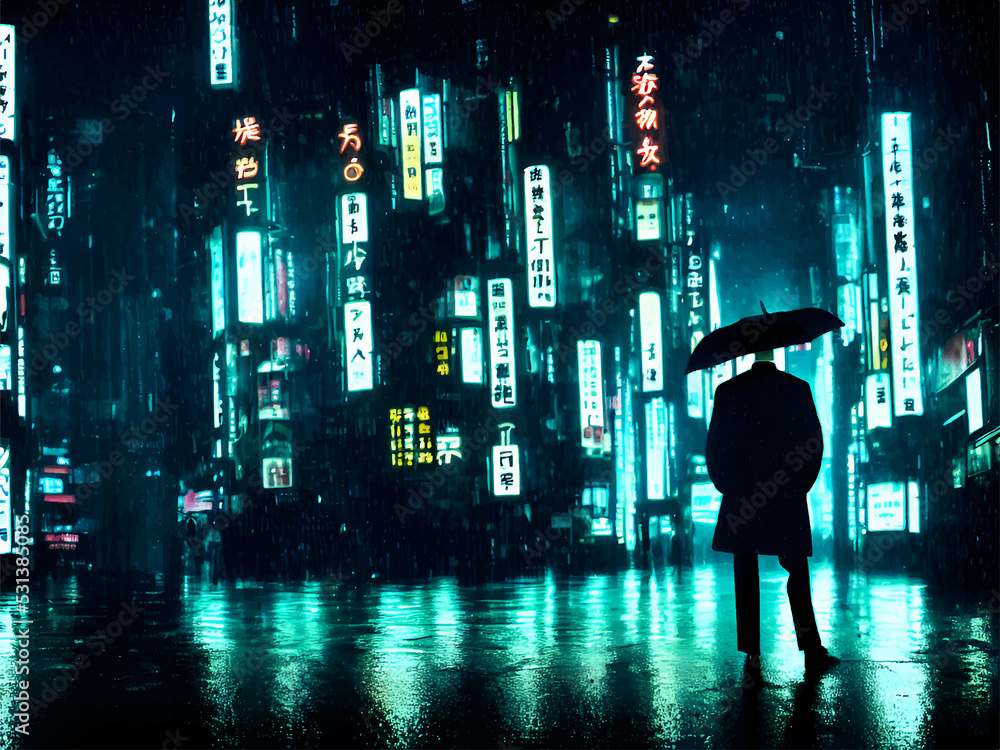 A man walking on the street while raining in tokyo japan. A night of ...