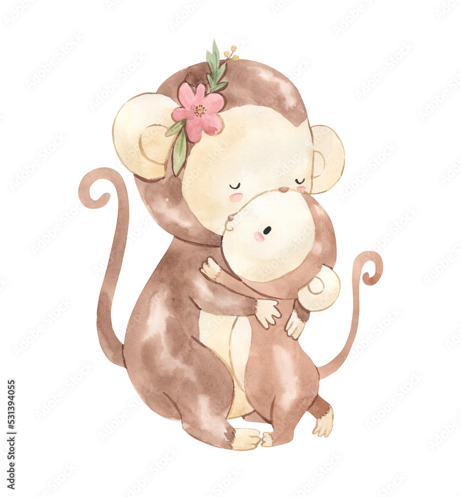 Watercolor monkey mother and baby illustration for kids Stock ...