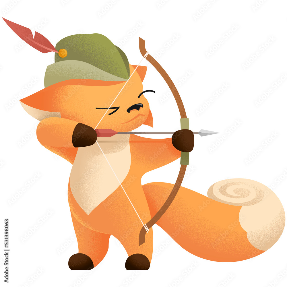 Сute fox archer holding bow, aiming at target, ready to shoot arrow ...