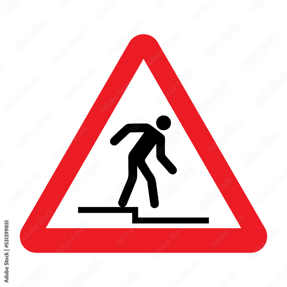 Step down warning sign. Vector illustration of red triangle sign with ...