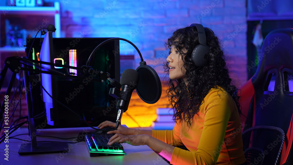 Streaming concept of 4k Resolution. Asian woman recording singing in ...