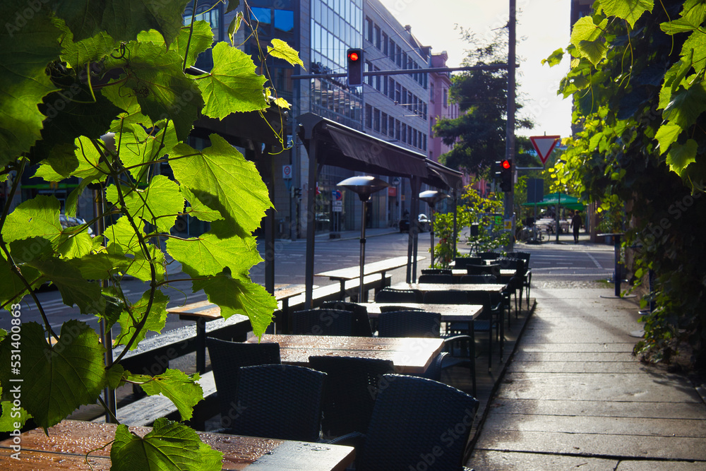Freisitz, Biergarten mit Tisch und Wein in der Gottschedstraße, Leipzig ...