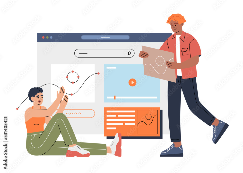 Young man and woman engaged in design user interface. UI, UX designers ...
