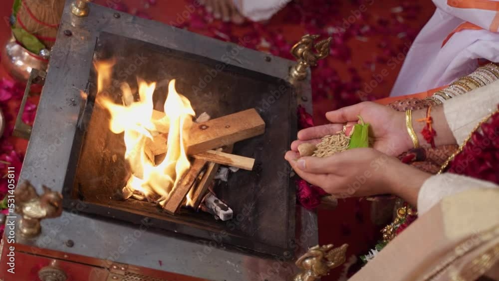 Close up of Agni havan kund hindu yagya at an Indian Wedding Function ...
