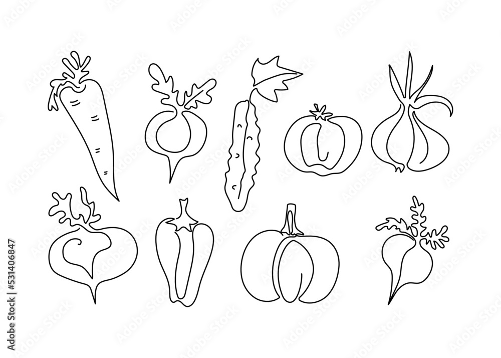 Vegetables in line art style. Set of vegetables. Drawings in one line ...