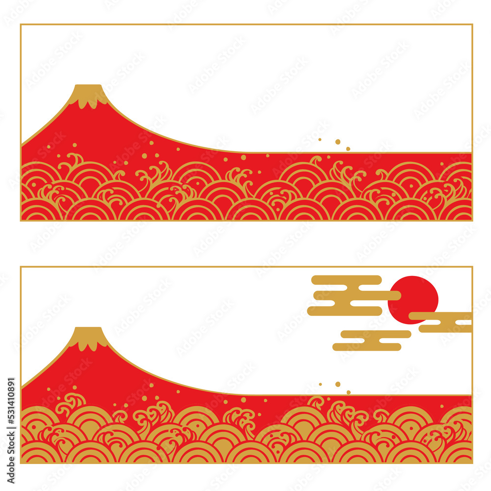 Mt.Fuji and wave frame illustration set, Japanese traditional pattern ...
