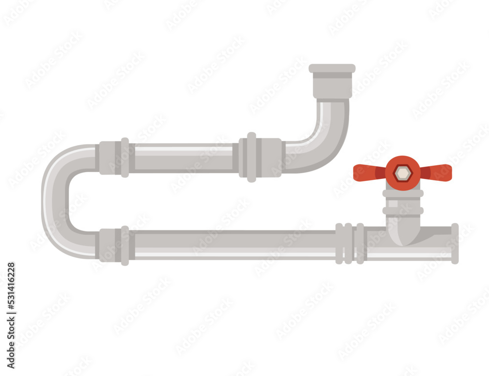 Metal pipeline for water flowing industrial construction with red valve ...