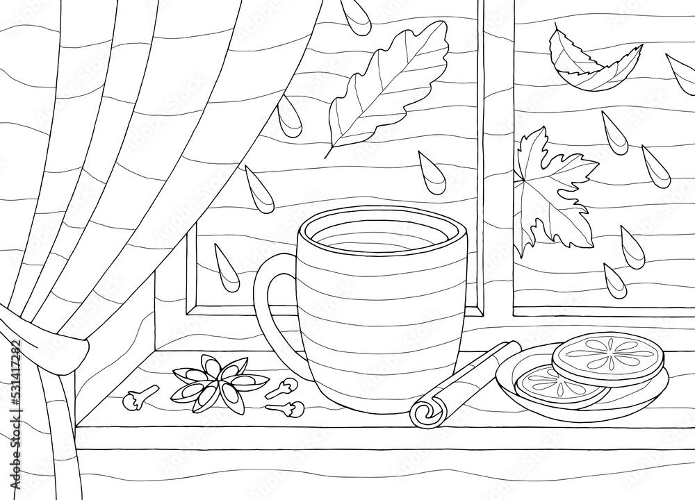 Autumn window coloring book graphic black white sketch illustration ...
